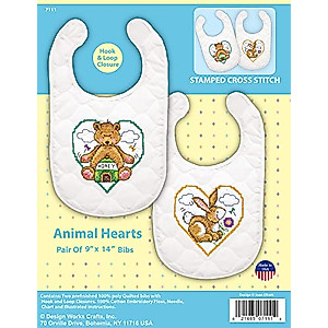 Design Works Crafts Janlynn Stamped for Cross Stitch Baby Bib Kit, Animal Hearts