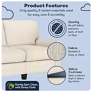 Serta Copenhagen 61" Rolled Arm Sofa, Easy Care Polyester, Soft Pillow Back, Pocket Coil Seat Cushions, Removable Covers, Loveseat or Couch for Small Spaces, Living Rooms or Bedrooms, Buckwheat Beige