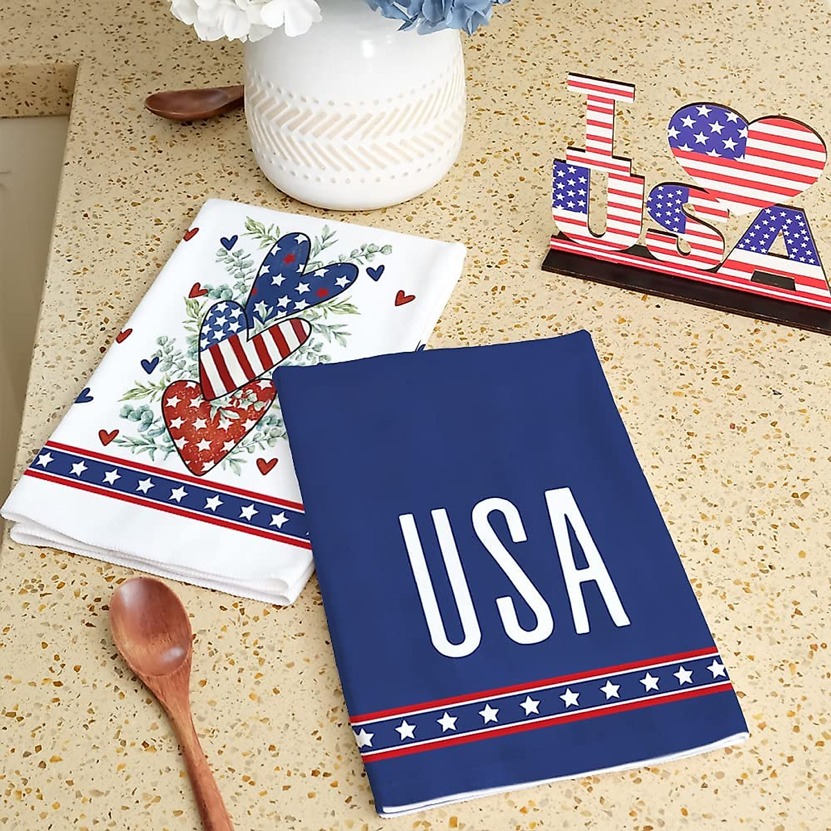 GEEORY 4th of July Kitchen Towels Love Heart USA Patriotic Dish Towels 18x26 Inch Ultra Absorbent Bar Drying Cloth Hand Towel for Kitchen Bathroom Party Home Decorations Set of 2
