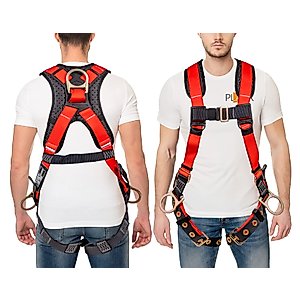 Palmer Safety ATERET Fall Protection 5pt Safety Harness, 3D-ring, Quick-Connect Buckle, Grommet Legs, Sewn in Back Pad I OSHA ANSI Compliant Personal Equipment (Red - Universal), (H222100111)