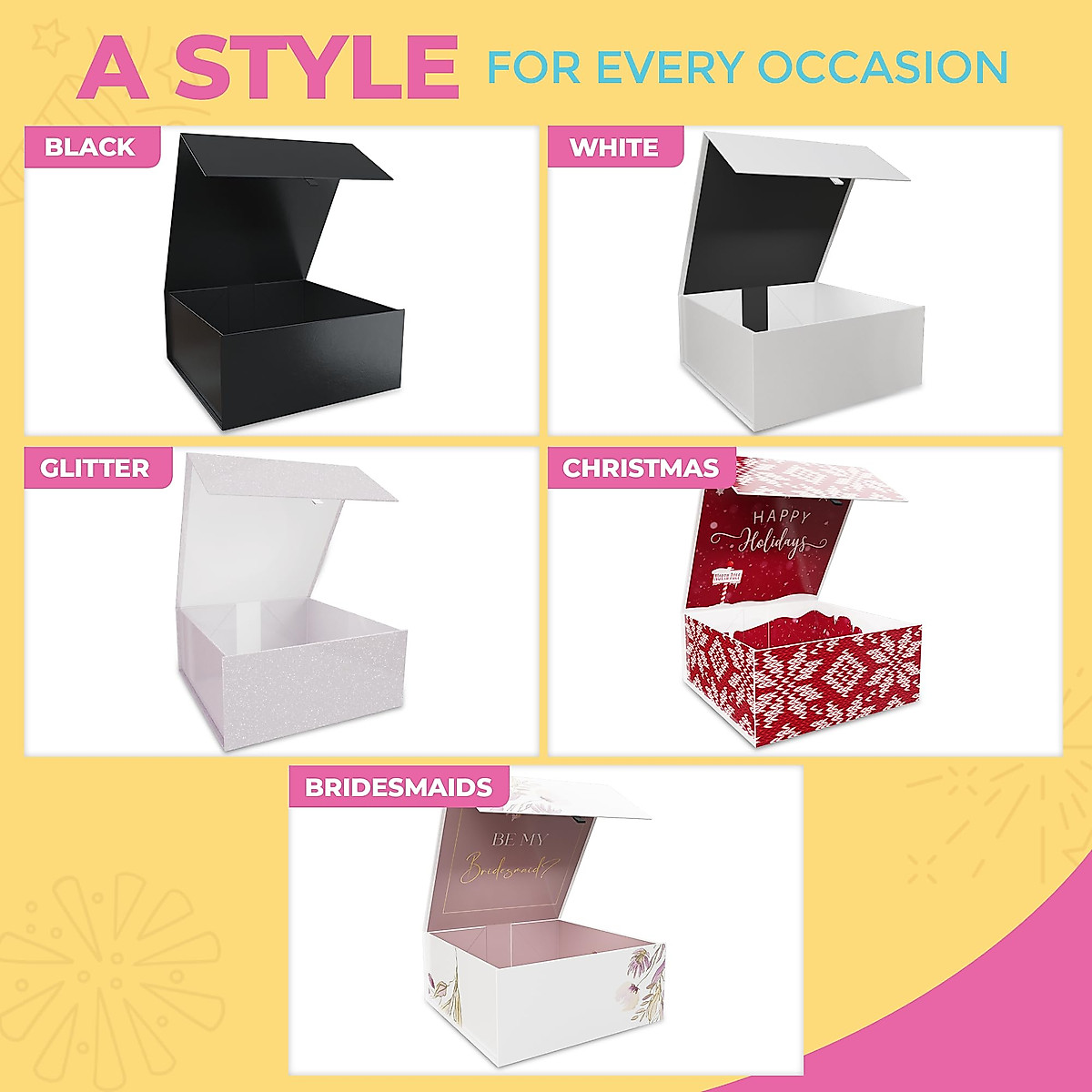 kiniu Black Gift Box with Lid 9.25x9.25x3.75 Inches - Square Collapsible Magnetic Closure Box for Gifts, Groomsman Box, Bridesmaid Proposal Boxes, Wedding, Birthday, Christmas (Black)