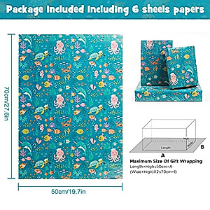 NEPOG Ocean Themed Birthday Wrapping Paper for Kids Girls Boys, 6 Sheets Under the Water Animal Coastal Design Gift Paper, 20 x 28 inch Per Sheet Folded Flat Birthday Paper for Birthday Baby Shower