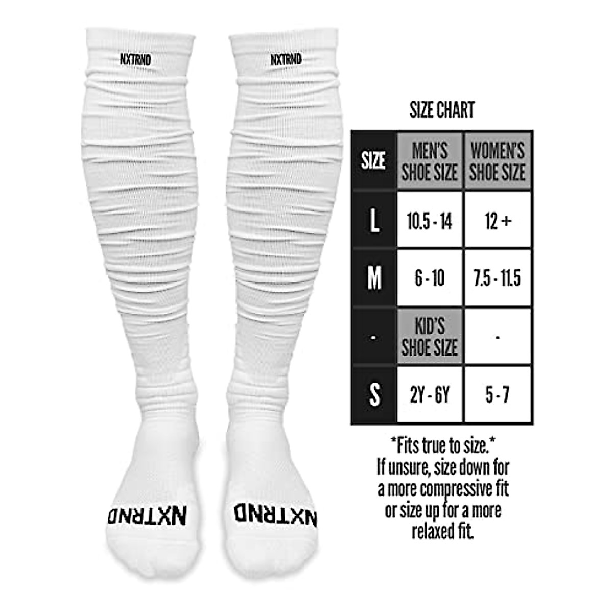 Nxtrnd XTD Scrunch Football Socks, Extra Long Padded Sport Socks for Men & Boys (White, Y)