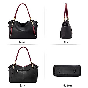 Women's Genuine Leather Tote Handbags, Top-handle Purses and Handbags for Women Satchel Shoulder Bags (04-2 Black with red handle)