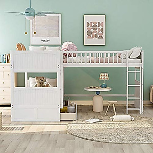 BOVZA Twin Over Twin L-Shaped Triple Bunk Beds with 2 Storage Drawers and 2 Ladders, Wood Bunk Beds with a Loft Attached for 3 Kids Teens, White