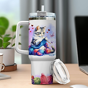 99WHALE Cat Gifts, Tumbler 40 Oz With Handle Lid And Straw, Steel Quartz Handle Women Cup Parade Coffee Tumblers Hot Adults Funny Light Cups Lover Simple Rose, Cats And Sewing