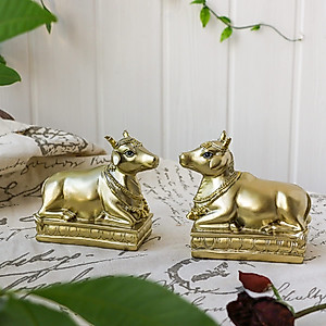 Hindu Nandi Holy Cow Statues - 2PCS Gold Nandi Cow Sitting Position Statue for House Temples Puja Home Decor Diwali Gift