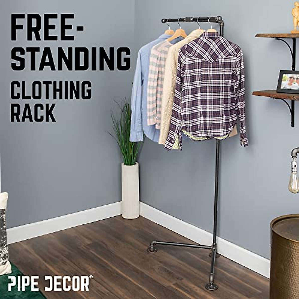 PIPE DECOR Black Steel Freestanding Tee-Style Clothing Rack Kit, DIY Industrial Pipe Coat Rack