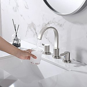 Phiestina 8 Inch Brushed Nickel Waterfall 2-Handle 3-Hole Widespread Bathroom Faucet with Pop-up Drain and Valve, WF40-1-BN