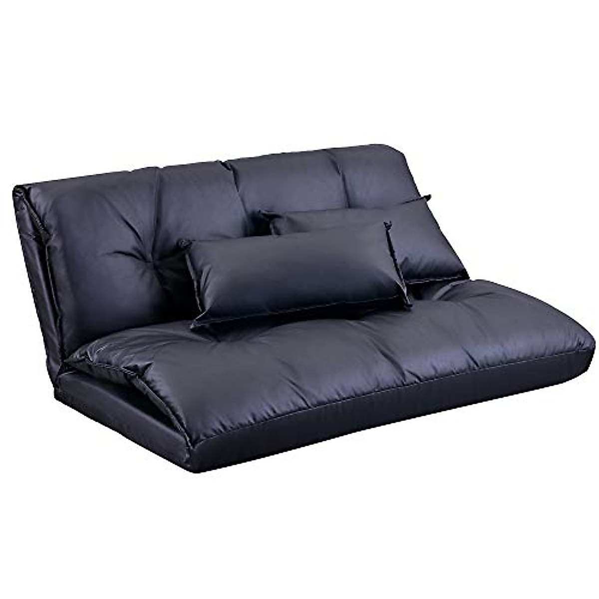 Floor Lazy Sofa Bed, 5-Position Folding Futon Sofa for Adults, Indoor Lounge Chair with 2 Pillows for Meditation Dorm Living Room (Black+PU)