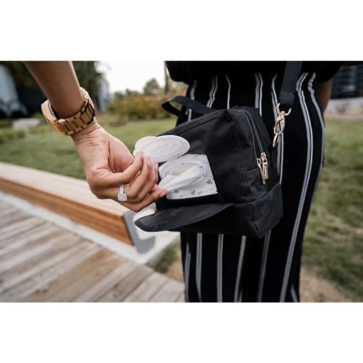 Small Crossbody Diaper Changing Bag with Portable Baby Changing Pad, Front Wipes Pocket Opening, Shoulder & Stroller Straps Included (Black Nylon)