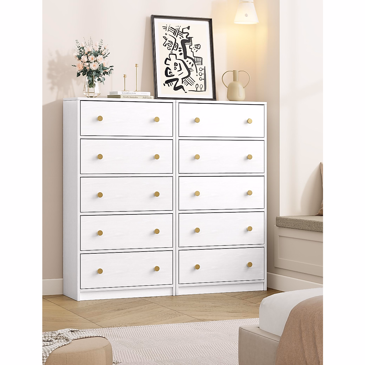 Nicehill White Dresser for Bedroom with 5 Drawers, Fabric Dresser Storage Tower, Chest of Drawers for Closet, Living Room, Hallway, Entryway, Woodeen Dresser（White）
