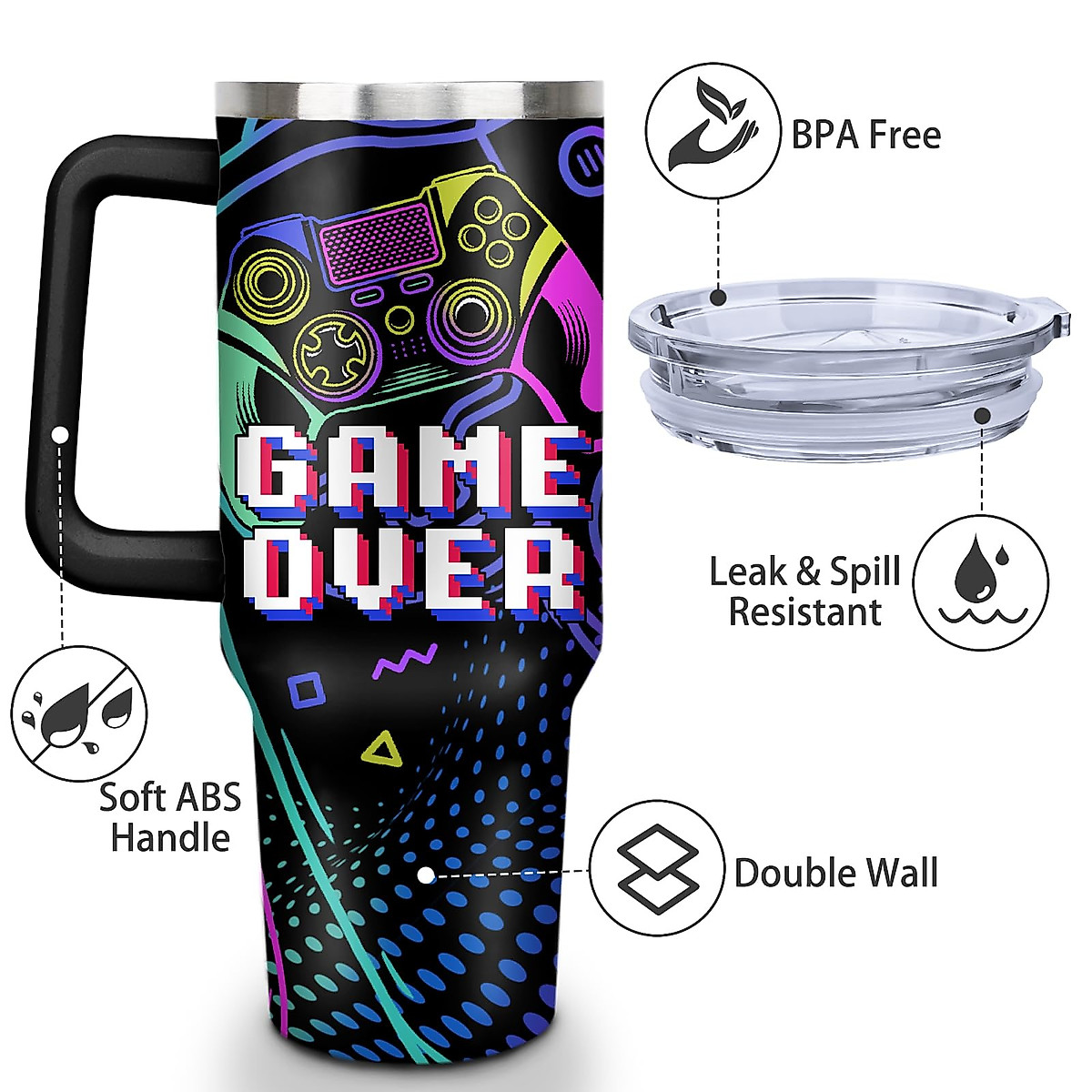 thmasamwr Game Tumbler with Lid and Straw, 40oz Gamer Water Bottle Cup with Handle, Gaming Travel Coffee Mugs, Birthday Gifts for Gamer Men Boys