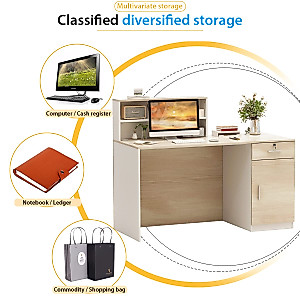 AGOTENI Reception Desk, Front Counter Desk with Lockable Drawer & Open Shelf, Reception Table Wooden Computer Desk for Office Reception Room, Oak