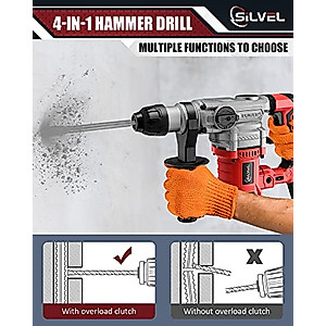 SILVEL 1-1/4 Inch SDS-Plus Hammer Drill, 13 Amp 1500W Rotary Hammer Drill, Heavy Duty Drill with 4 Functions, Demolition Hammer with 3 Drill Bits, Flat Chisels, Point Chisels