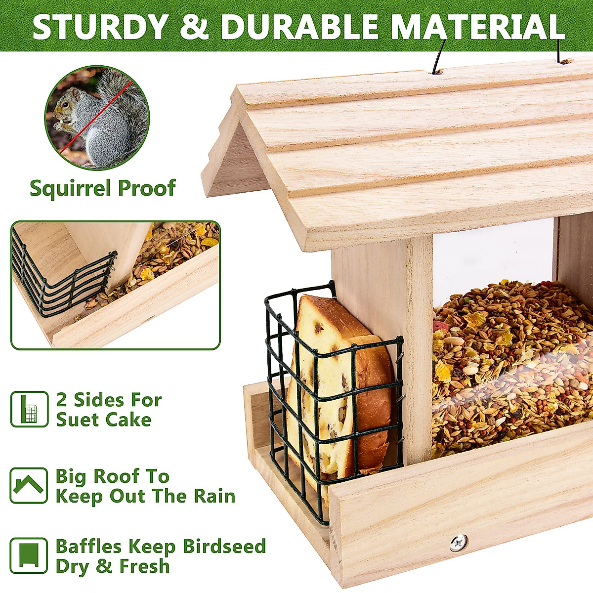 Bird Feeders for Outdoors Hanging - Wooden Bird Feeder Hopper, Cardinal Bird House Feeder, Large Bird Feeder with Suet Holder for Outside, Wild, Outdoors Hanging Pole