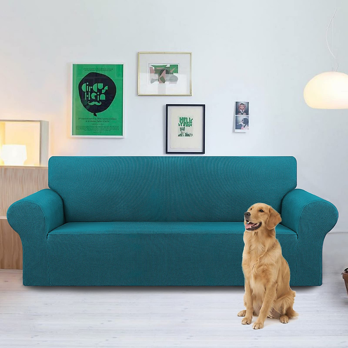 KEKUOU Stretch Oversized Sofa Slipcover 1 Piece Couch Sofa Cover (94"-110") Furniture Protector 4 Seater Sofa with Elastic Bottom for Kids,Pet.Jacquard Checked Pattern Fabric(X Large,Peacock Blue)