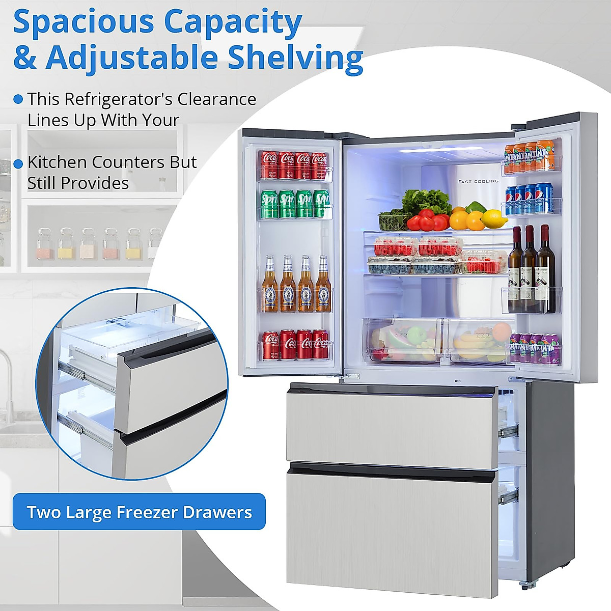 French Door Refrigerator, 33" & 18.8Cu.Ft Counter Depth French Refrigerator, 4-Door Stainless Steel Refrigerator w/6.5Cu.Ft Freezer Capacity, Kitchen Fridge w/Digital Temperature Control Auto Defrost