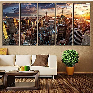 ART New York Sundown Canvas Print, Large Wall City Landscape, Extra Large Cityscape Big Apple New York Wall Print - 60x32 Inch Total