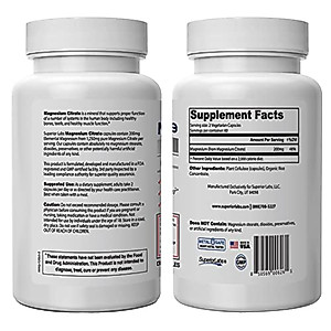 Superior Labs Magnesium Citrate - 100% NonGMO Safe from Additives, Stearates, Gluten and Other Allergens - Powerful Dose for Sleep, Cramps, Twitches - 1,250mg Citrate, 120 Vegetable Caps