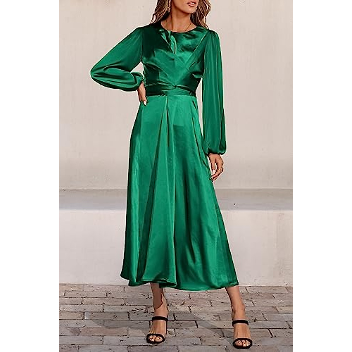 PRETTYGARDEN Women's Fall Fashion 2023 Long Sleeve Satin Dress Tie Back Casual Flowy Midi Dresses (Dark Green,Medium)