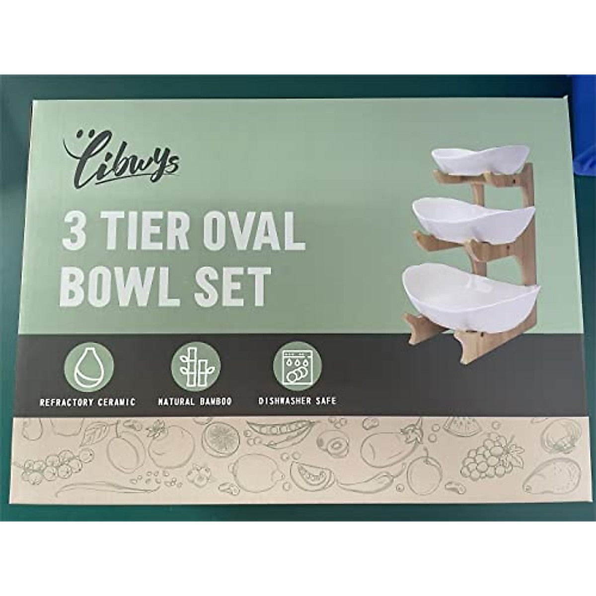 SEVEN SPARTA Tiered Fruit basket Fruit Bowl for Kitchen Counter, Elegant Combo of Ceramic Bowls and Bamboo Rack, Big Capacity, Easy Install, Multi-Occasion for Kitchen, Party, Restaurant and Gift