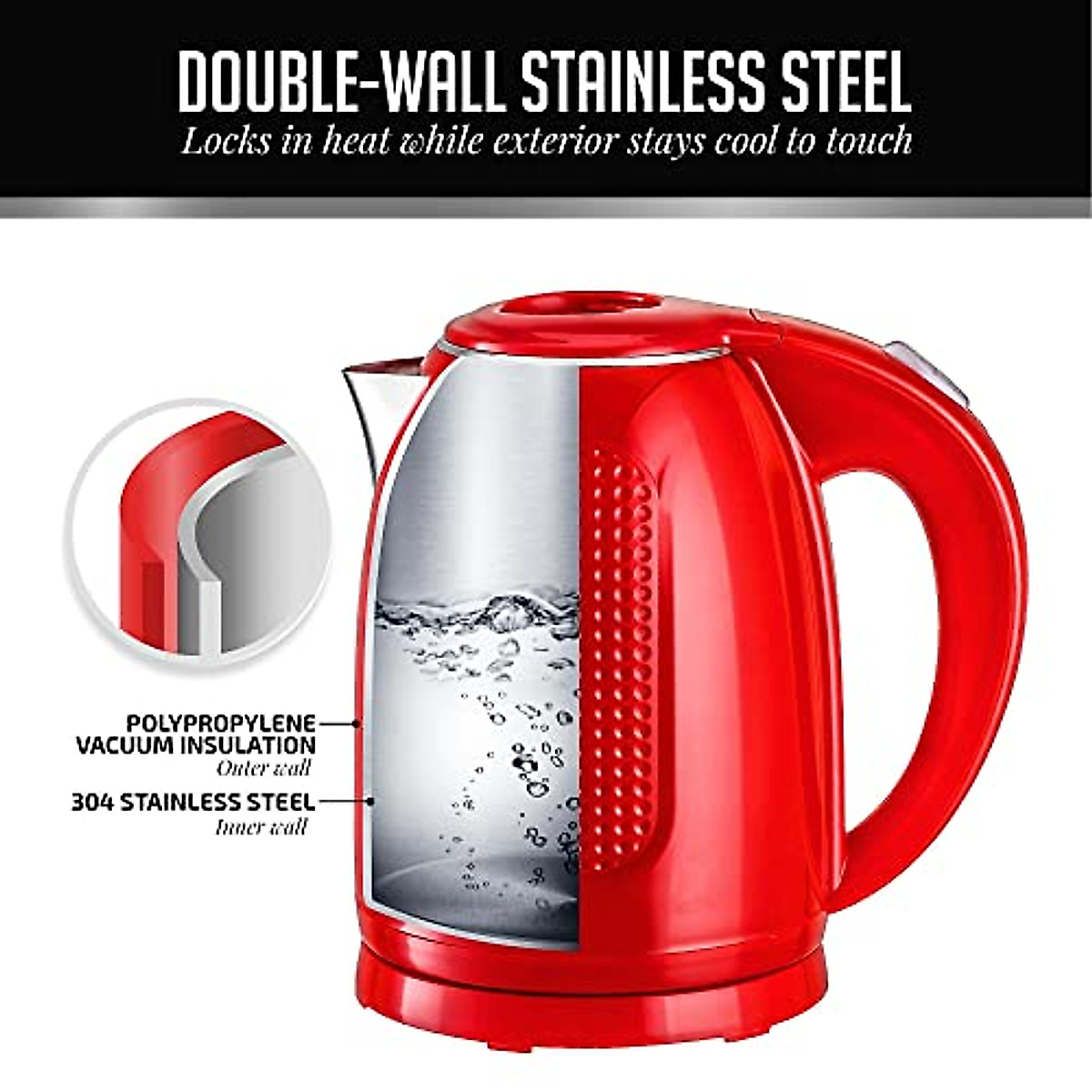 OVENTE Portable Electric Kettle Stainless Steel Instant Hot Water Boiler Heater 1.7 Liter 1100W Double Wall Insulated Fast Boiling with Automatic Shut Off for Coffee Tea & Cold Drinks, Red KD64R
