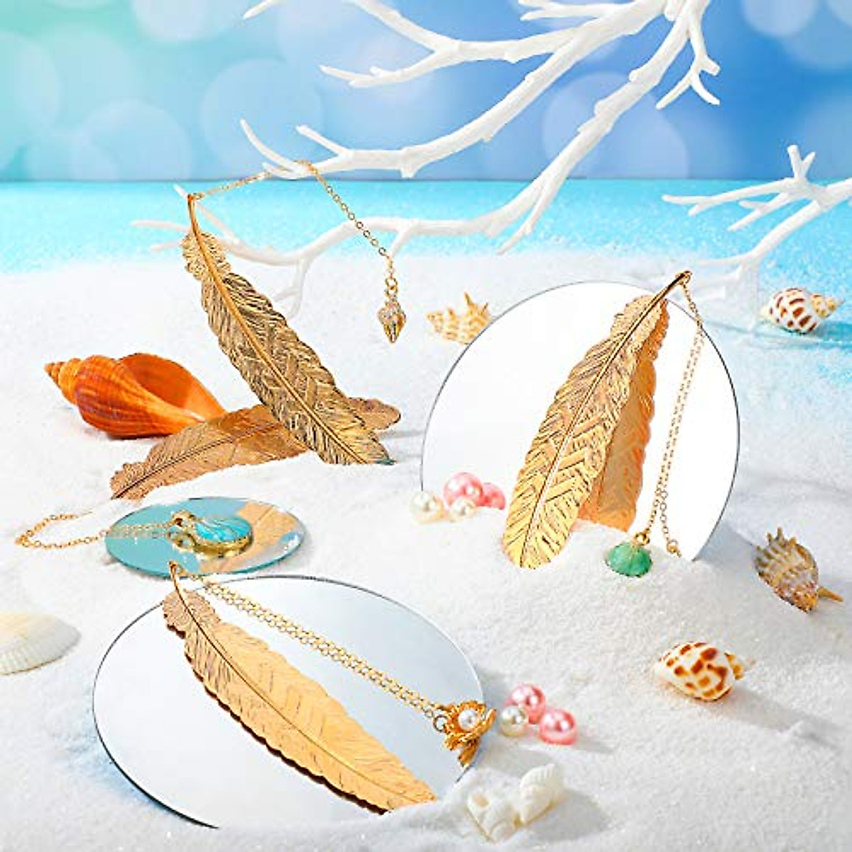 8 Pieces Metal Feather Pendant Bookmarks 3D Gold Vintage Bookmark Shell Tower Strawberry Snowflake Pendant Bookmarks Presents for Teens Adults Friends Readers Students