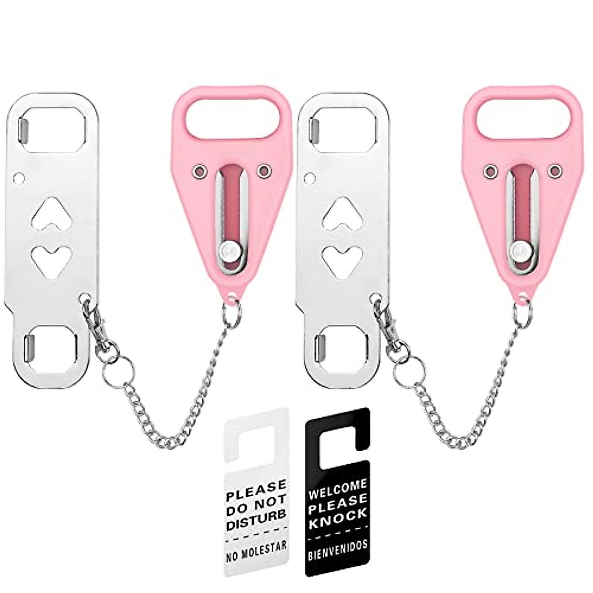Portable Door Lock, Extra Home Security Locker for Additional Privacy and Safety, Travel Lock Down Locks for Traveling, Hotel, Home, Apartment, College with Door Hanger Sign (2 Pack, Pink)
