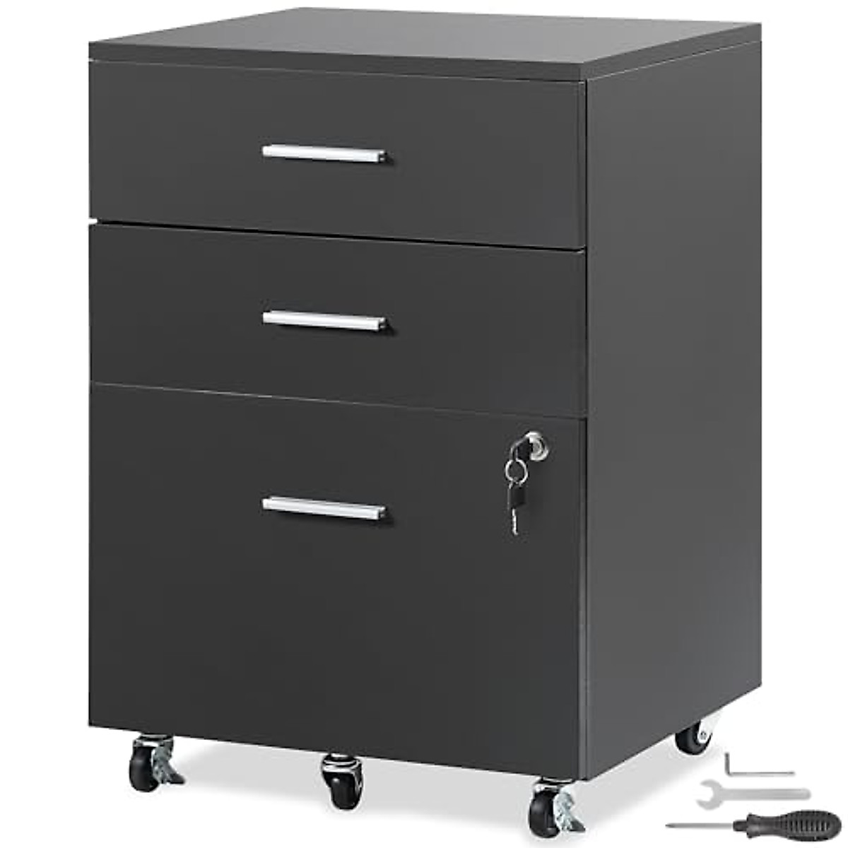 VEVOR File Cabinet, 3-Drawer Wood Filing Cabinet, Locking Office Cabinet for Letter/A4 Size, File Cabinet with 5 Wheels for Home Office, Black
