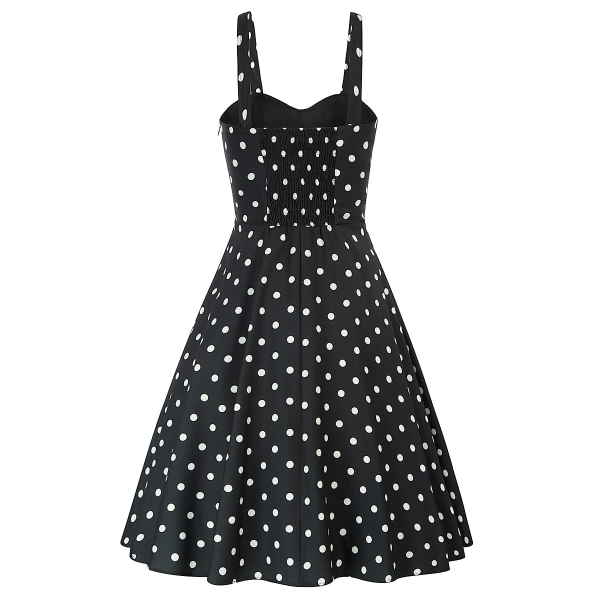 Vintage Dress for Women 1950s Summer Spaghetti Strap Ruched A-Line Flowy Swing Dress Black Polka Dot Dress L