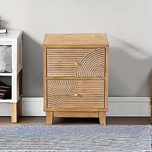 COZAYH 2-Drawer Farmhouse Nightstand, Mid Century Nightstand Fully Assembled with Handcrafted Wood Ring Pattern for Boho, Mid-Century, Rustic Style, Natural Wood