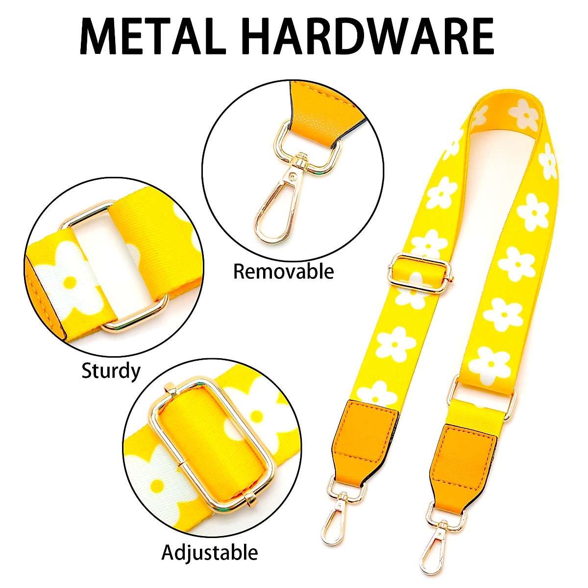 weiwei Wide Purse Strap Replacement,Flower Adjustable Guitar Style Bag Straps for Women Crossbody Handbags,Yellow Leather Design at The End