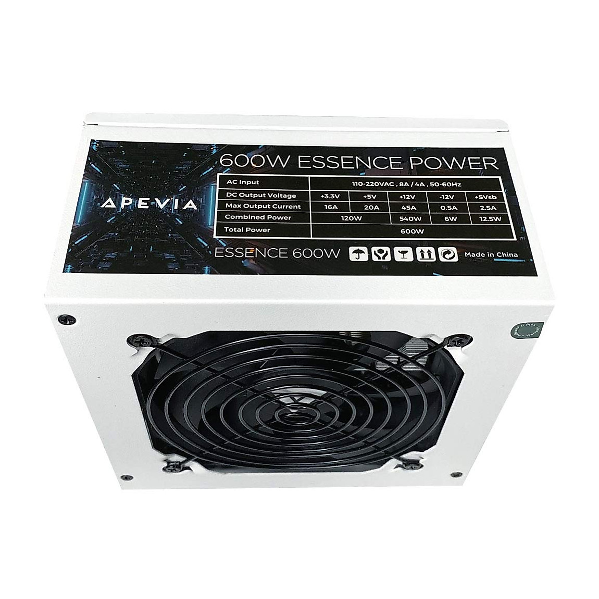 Apevia ATX-ES600-WH Essence 600W ATX Semi-Modular Gaming Power Supply with Auto-Thermally Controlled 120mm Black Fan, 115/230V Switch, All Protections, White Casing