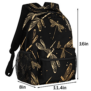 Mularoka Dragonflies Gold Black Laptop Backpack for Women Water Resistant College Travel Back Pack Computer Notebooks Laptop Bag Lightweight Daypack for Men