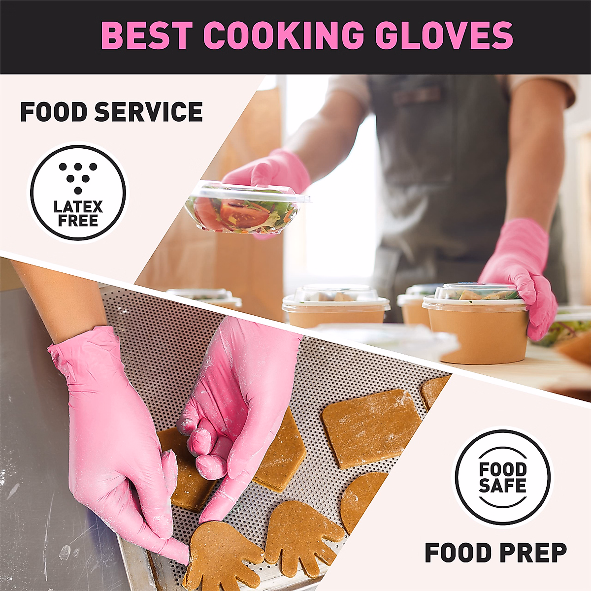 OKIAAS Black/Pink Vinyl Gloves Disposable Latex Free, Food Safe, Powder Free, 5 Mil Thickened for Cooking, Cleaning, Food Prep, Baking, Hair Dye, Tattoo, X-Small, 50 Count