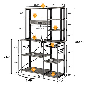SUPERJARE Large Bakers Rack with Power Outlets, 6-Tier Microwave Stand, Coffee Bar with 12 S-Shaped Hooks, Kitchen Shelf with Wire Basket, 39.3 x 15.5 x 66.9 Inches, Charcoal Gray