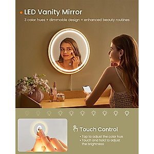 SONGMICS HOME BOHOVEN Collection - Vanity Desk with Mirror and Lights, Makeup Vanity with 3 Rattan-Like Drawers, Touch Control Light with 3 Color Hues, Dimmable, Boho Style, for Bedroom, Oak Beige