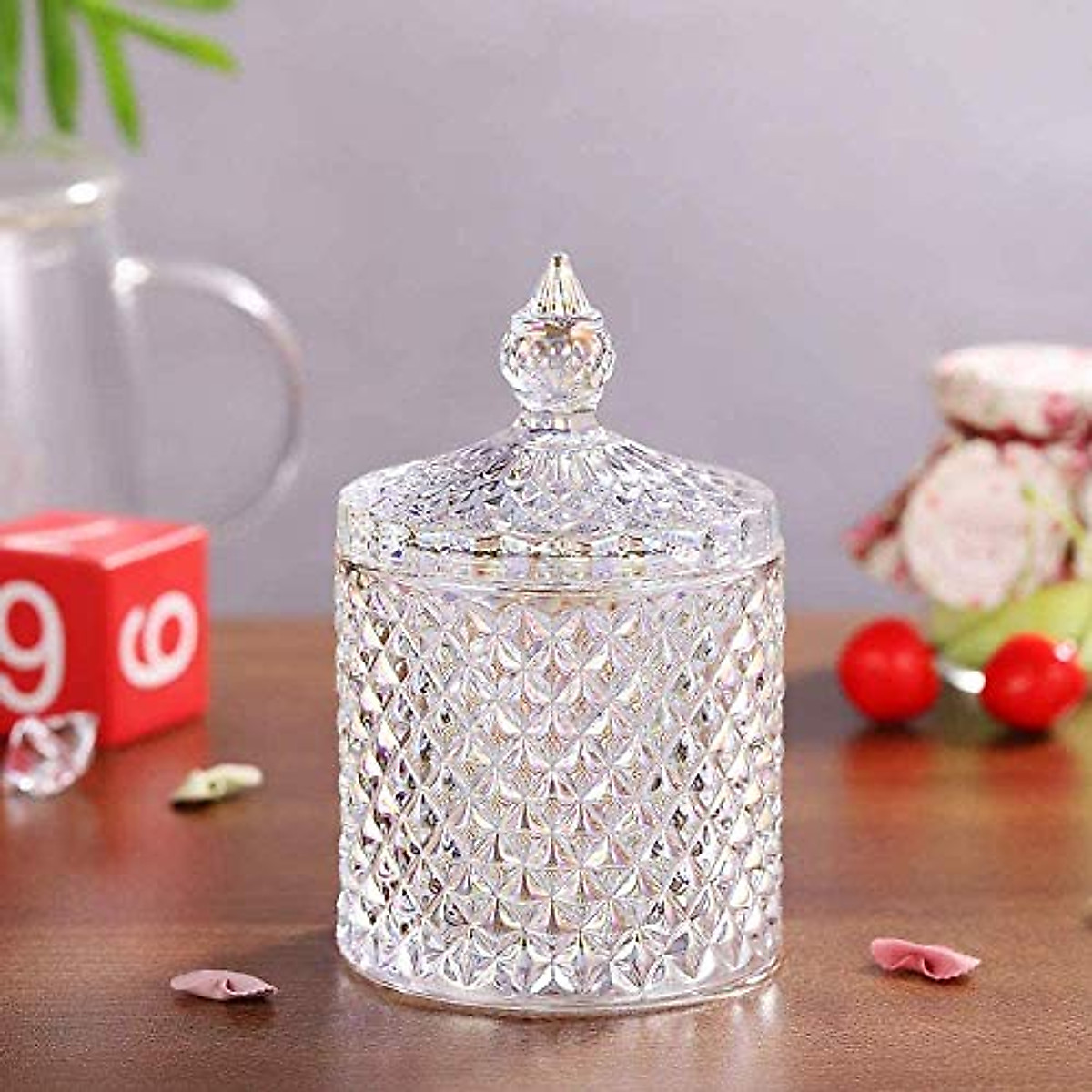 CLOVERHOME Qtips Holder Dispenser Bathroom Counter Vanity Organizer for Cotton Ball, Cotton Swab, Cotton Rounds Bath Salts Jewelry Storage Container for Decoration, Weddings, Candy(Sparkling, 20 oz)