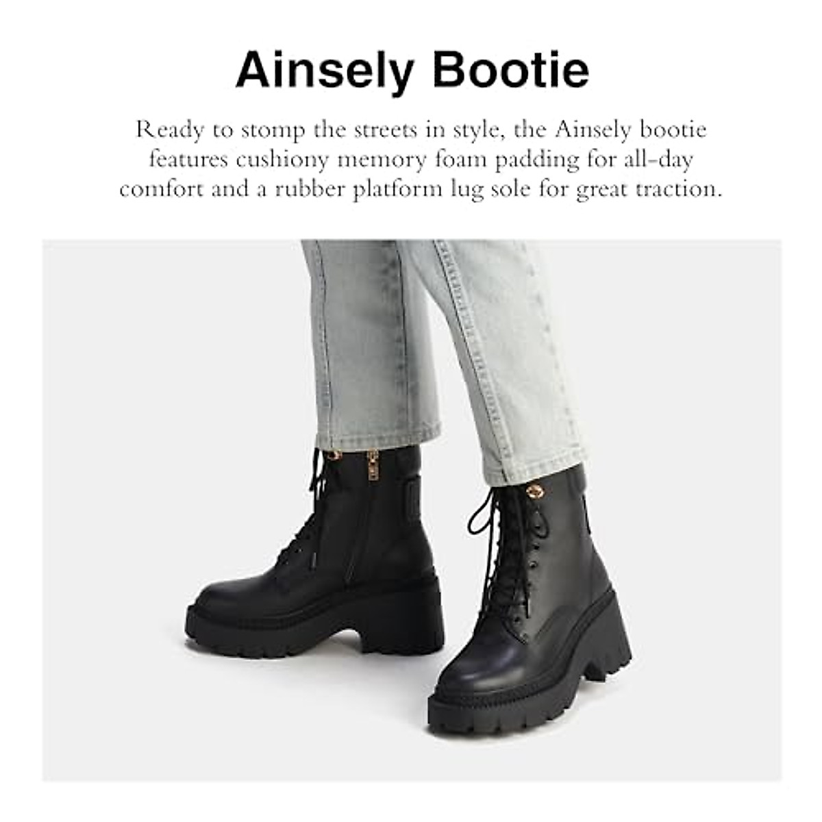 Coach Women's Ainsely Leather Bootie Combat Boot, Black, 7