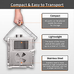 MC TOMOUNT Tent Stove Portable Wood Burning Stove 304 Stainless Steel for Camping Hunting 6feet Pipes Included