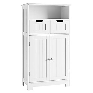 HORSTORS Bathroom Cabinet, Floor Storage Cabinet with 2 Doors and 2 Drawers, Free Standing Wooden Storage Organizer for Bathroom, Living Room, Hallway, White