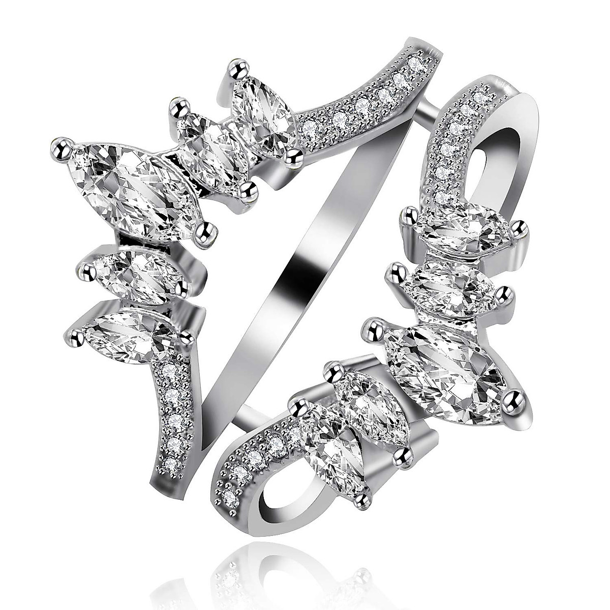 Uloveido White Gold Plated Marquise Cubic Zirconia Wedding Band Engagement Promise Rings Guard Enhancer for Women (Silver,Size 8) Y445