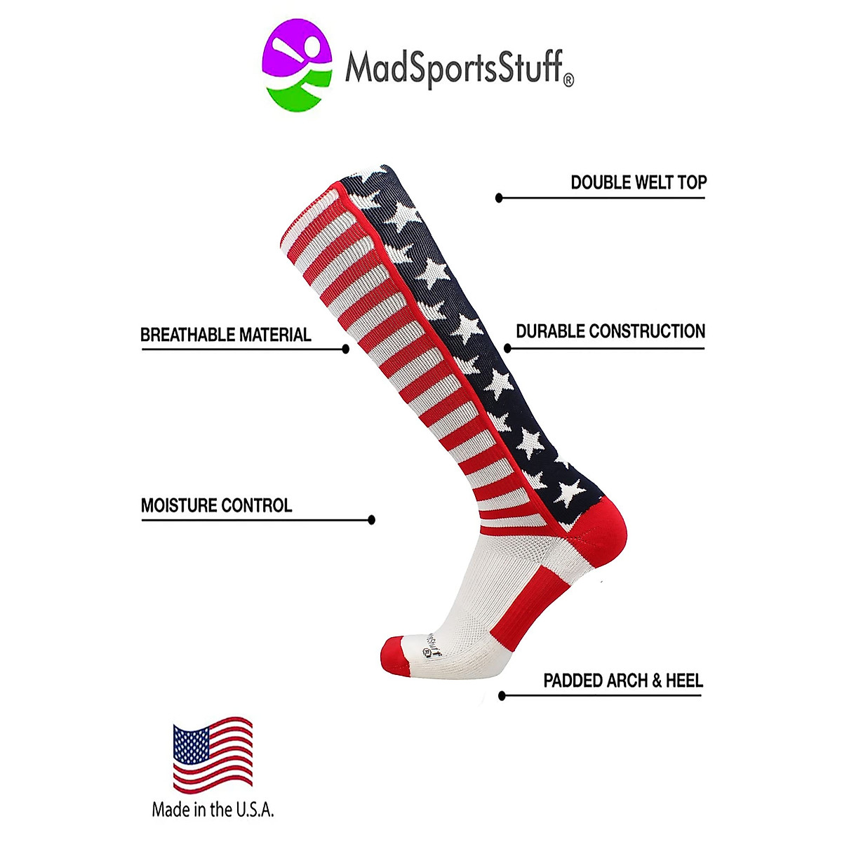 USA American Flag Stars and Stripes Over the Calf Socks (Navy/Red/White, Large) - Patriotic Knee High Socks for Softball, Baseball, Football, Soccer & More - Patriotic Sports Socks