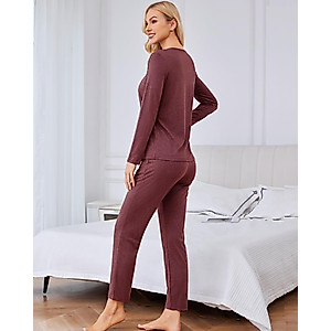 difficort Women's Pajama Sets Long Sleeve Lounge Sets Pjs Sleepwear with Pockets,Maroon,X-Large