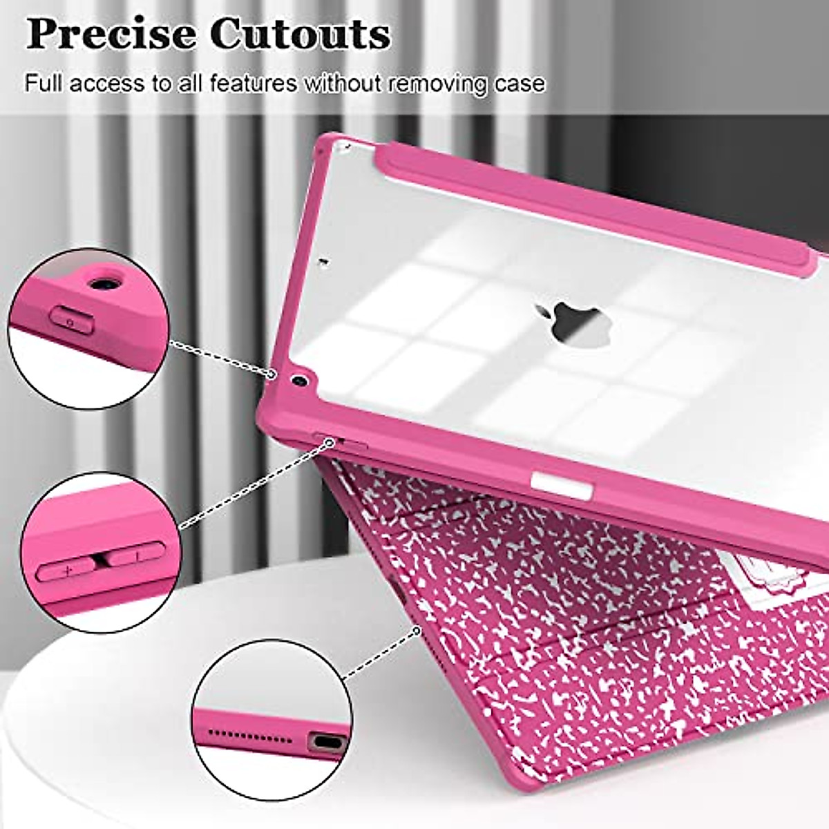 OKP for iPad 9th/8th/7th Generation Case (2021/2020/2019), iPad 10.2 inch Cases with Trifold Stand, Slim ipad 9/8/7 Cover with Pencil Holder for Kids Women Men, Clear Back Shell, Composition Book Pink