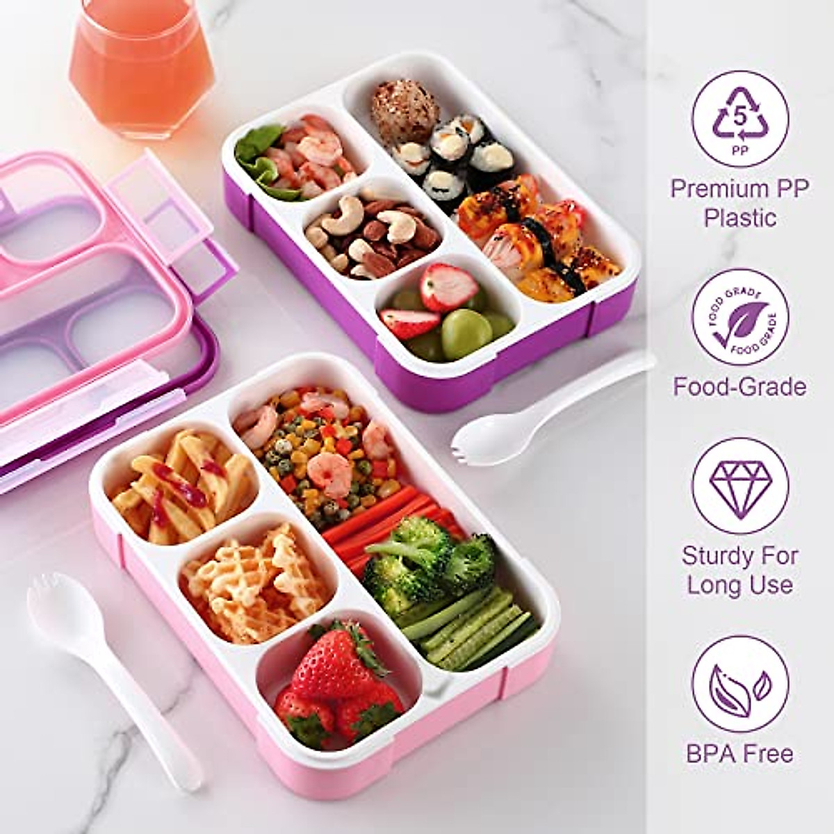 HIWARE Bento Lunch Box for Kids and Adults, Leakproof Lunch Container for Girls, Women with 4 Compartments, BPA-Free, 2 Pack