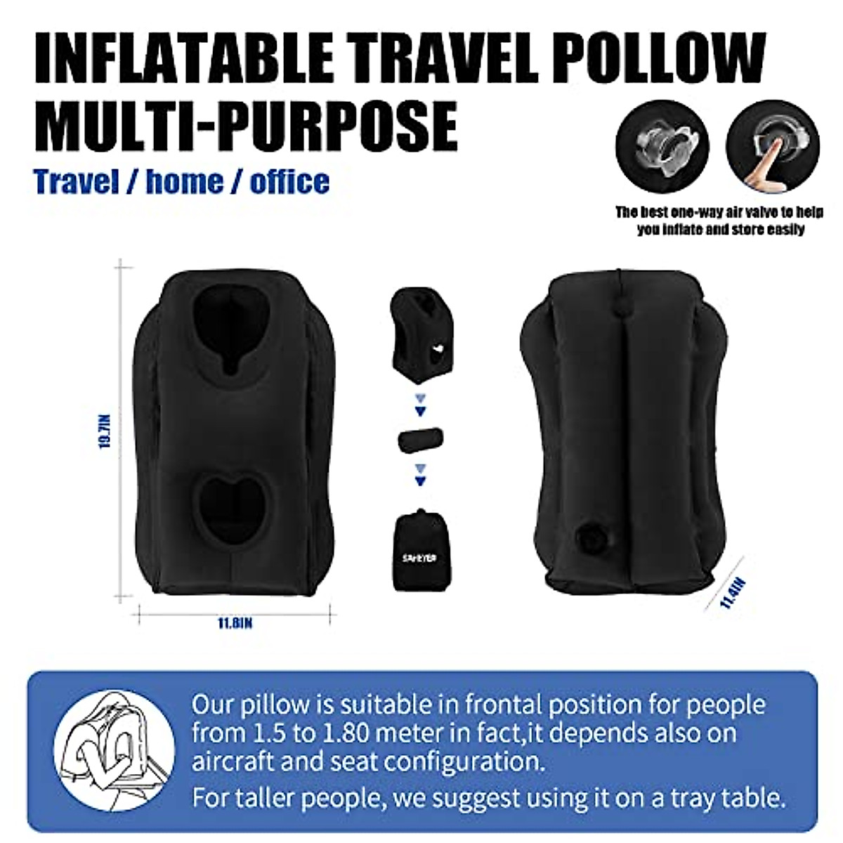 SAHEYER Inflatable Travel Pillow, Inflatable Neck Pillow for Airplane Travel Essentials and Office Nap, with 3D Eye Mask, Earplugs, Luggage Tag Initial & Portable Drawstring Bag (Black)