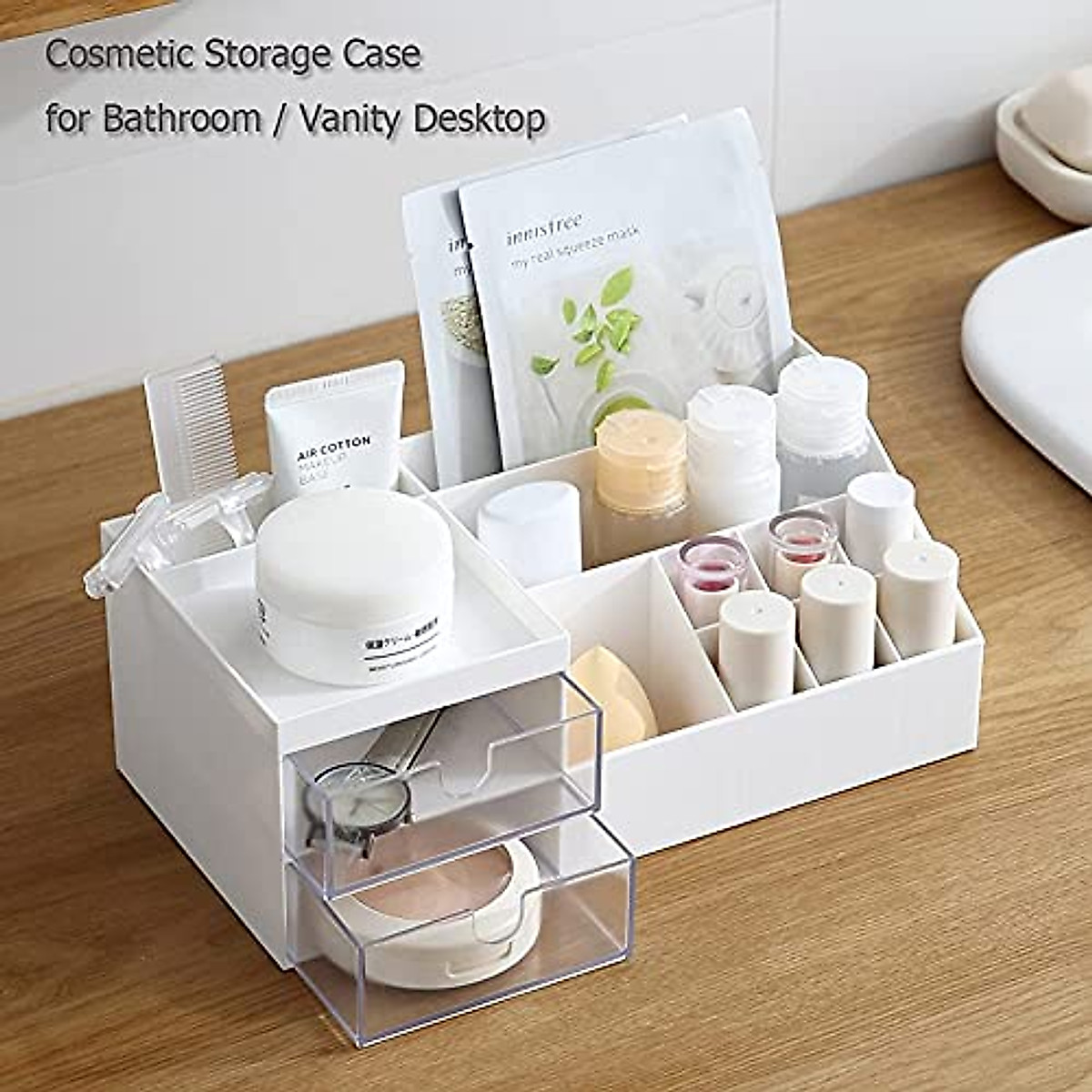 Kayviex Makeup Desk Organizer, DIY Makeup Storage Box with Drawers for Cosmetics, Skincare, Lipsticks, Jewelry, Ideal for Bedroom and Bathroom Countertop, Pure White