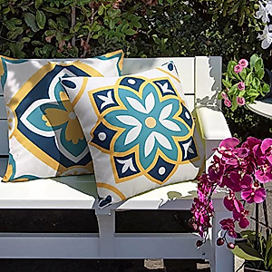 cygnus Outdoor Waterproof Throw Pillow Covers 18x18 Inch Set of 4 Boho Decorative Floral Covers for Patio Furniture Porch (18 * 18inch/45 * 45cm,Teal and Yellow)